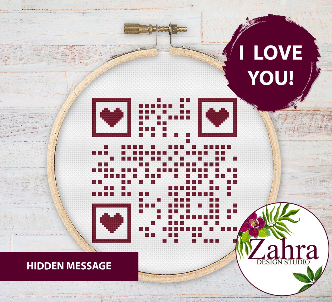I Love You QR Code Cross Stitch Pattern. Hidden Message, Valentine's ...