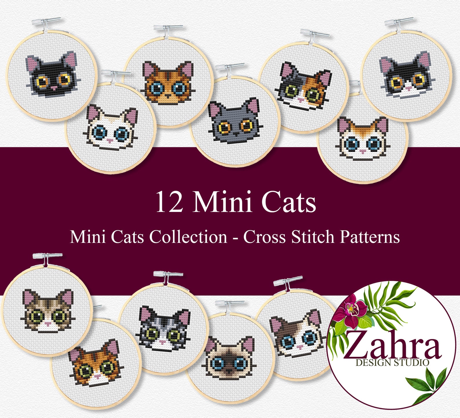 Cat Cross Stitch Pattern. Set of 12 Mini Cat Cross Stitch - Etsy