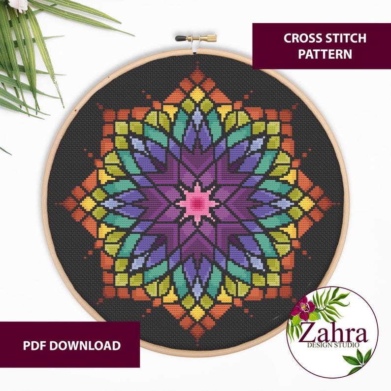 Mandala Cross Stitch Pattern – Modern Boho Rainbow Embroidery Design ...