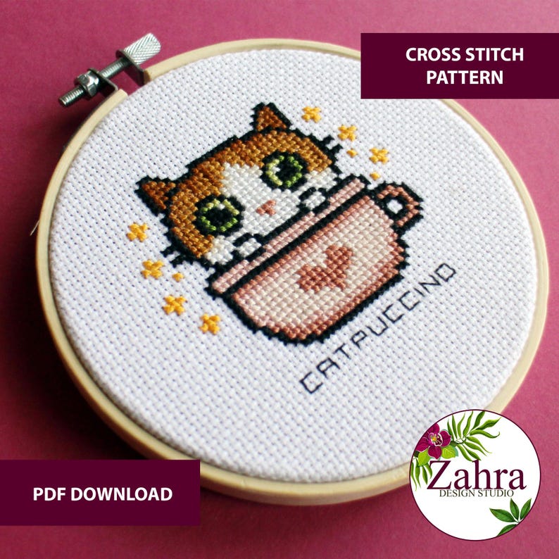 Mini Cross Stitch Pattern - Catpuccino, Cat Embroidery Design (PDF ...