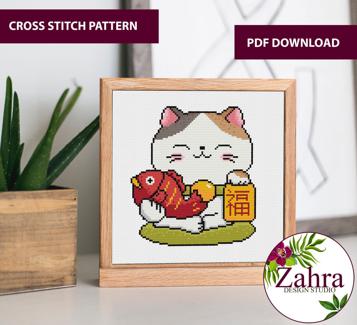 Lucky Cat Cross Stitch Pattern Cat Cross Stitch Chart. PDF - Etsy