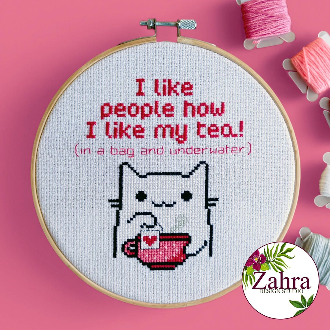 Funny Cat Cross Stitch Pattern: I Like My Tea (PDF Download) - Etsy