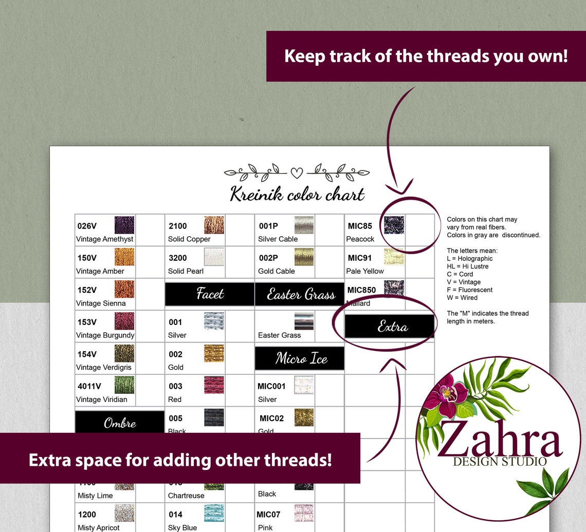 PRINTABLE Kreinik Color Chart and Inventory. Color Chart - Etsy Ireland