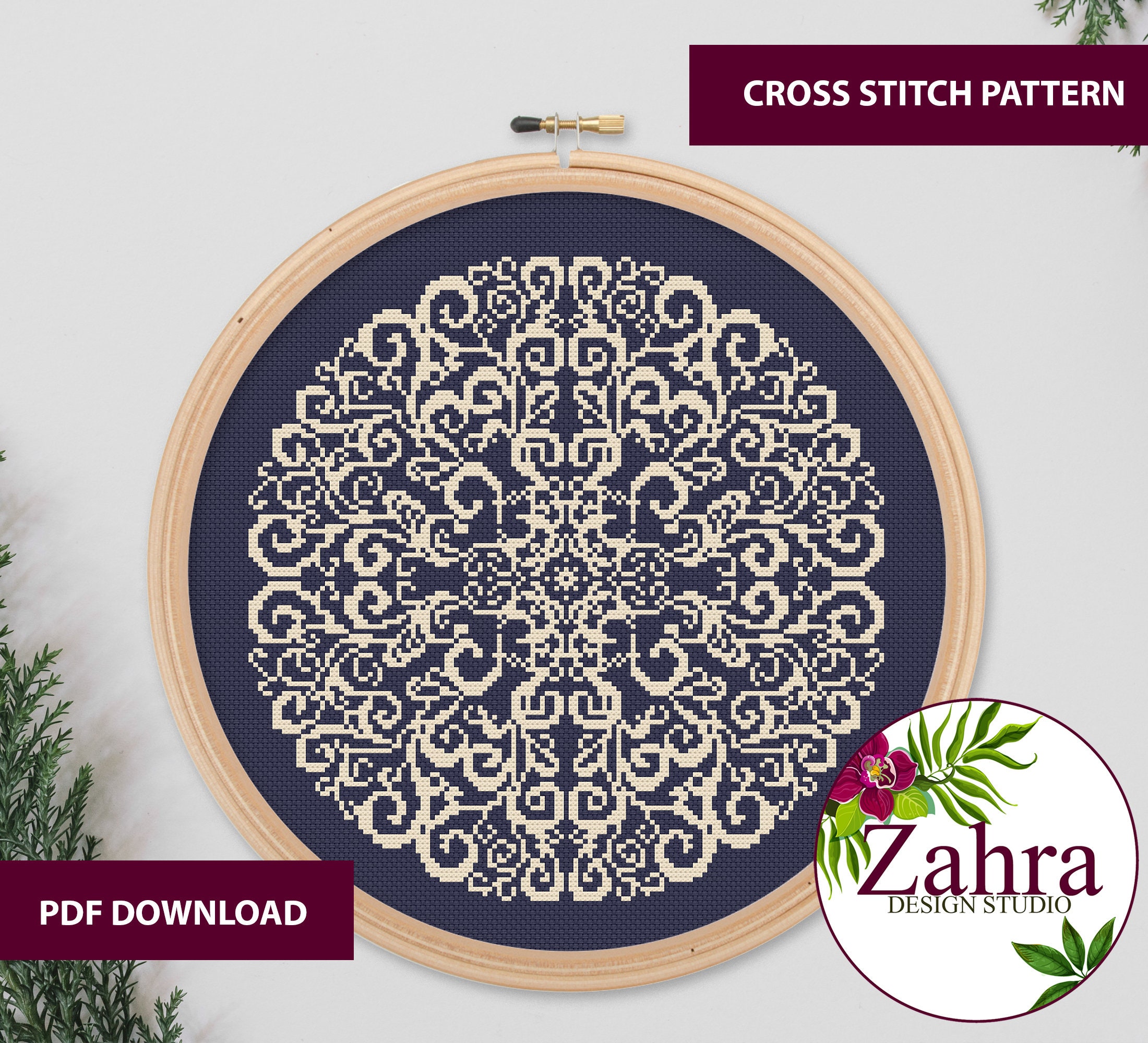 Mandala Cross Stitch Pattern. One Color Floral Mandala Cross - Etsy