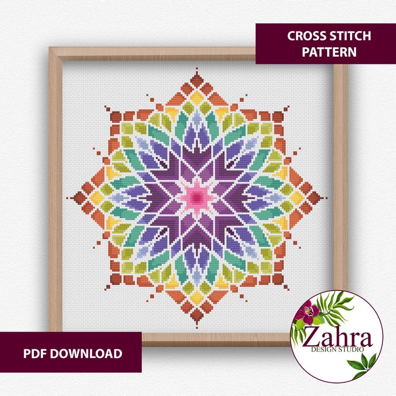 Mandala Cross Stitch Pattern – Modern Boho Rainbow Embroidery Design ...