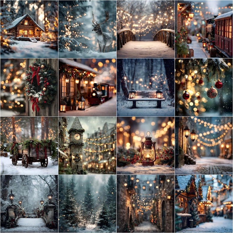 80 Outdoor Christmas Digital Backdrops Overlay Bundle | Snowy Winter ...