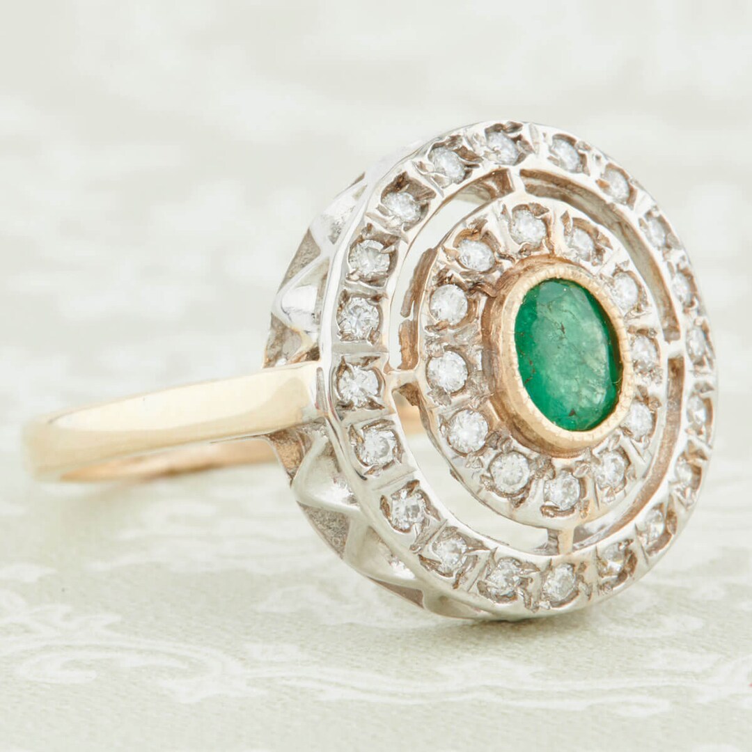 9ct Gold Emerald & Diamond Halo Cluster Ring | Edwardian Style 9k Gold ...