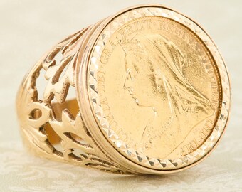 9ct Yellow Gold on Silver Sovereign Coin Ring St George Sizes M to Z 1 ...