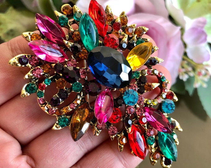 Large Crystal Rhinestone Brooch, Kleurrijke Brooch Pin, Vintage Style ...