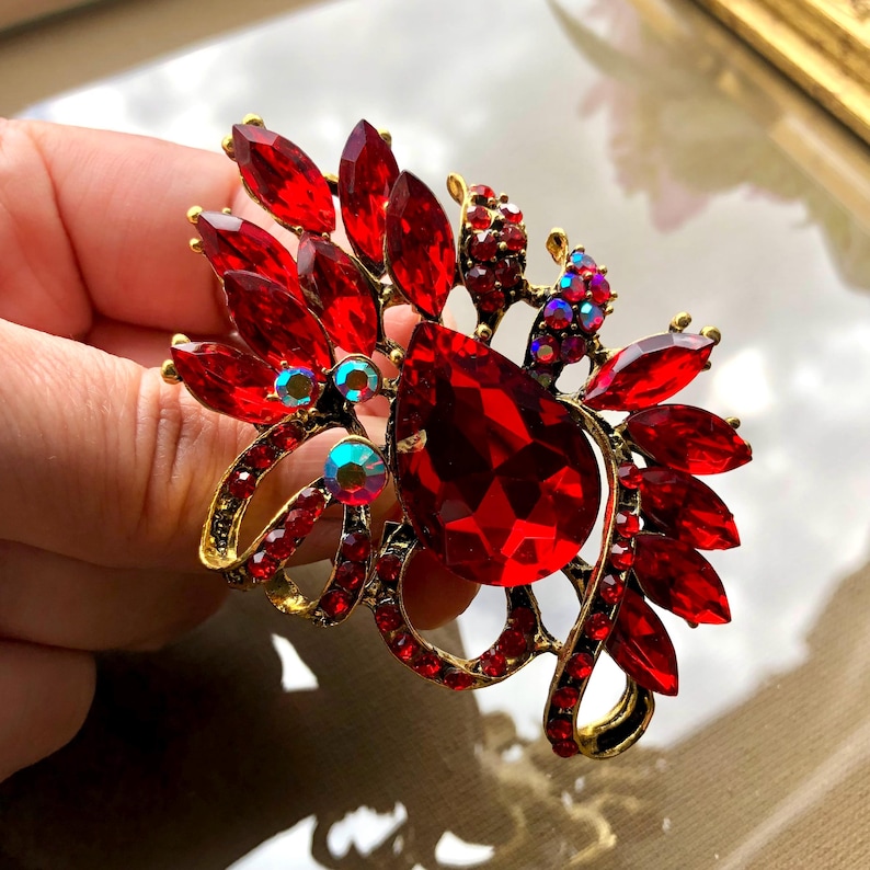 Large Crystal Rhinestone Brooch Pin, Red Vintage Style Jewelry, Gifts ...