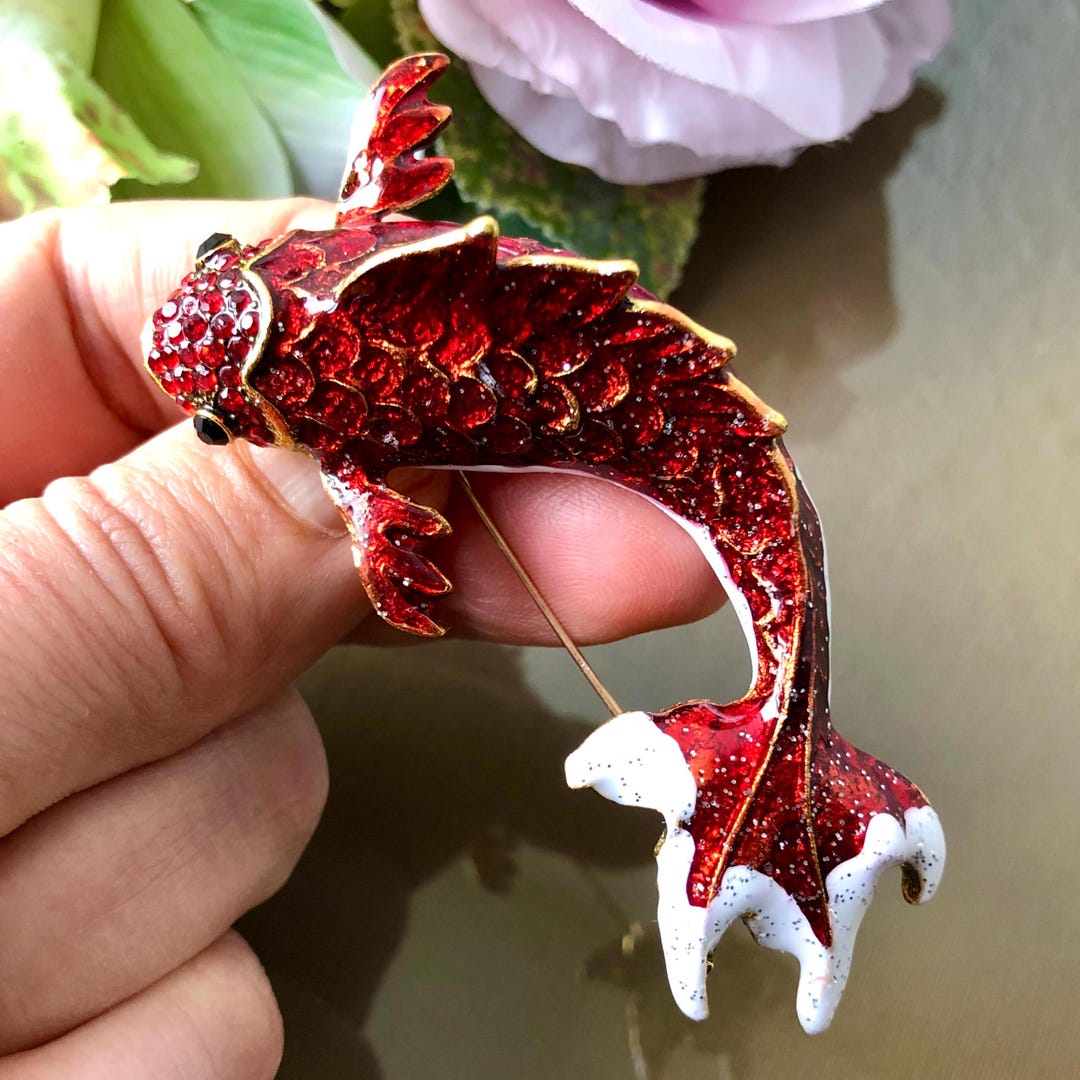 Koi Fish Brooch Pin, Fish Brooch, Big Fish Brooch, Red Enamelled Koi ...