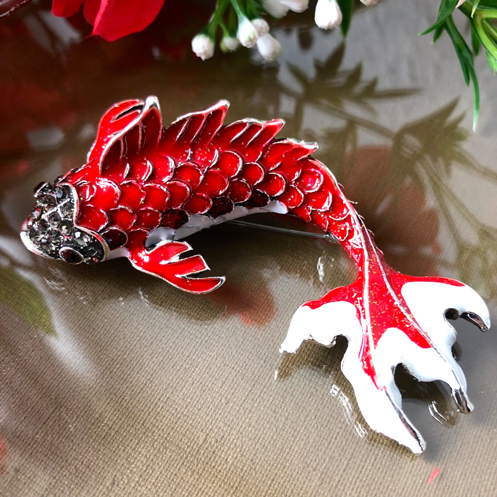Koi Fish Brooch Pin, Fish Brooch, Big Fish Brooch, Red Enamelled Koi ...