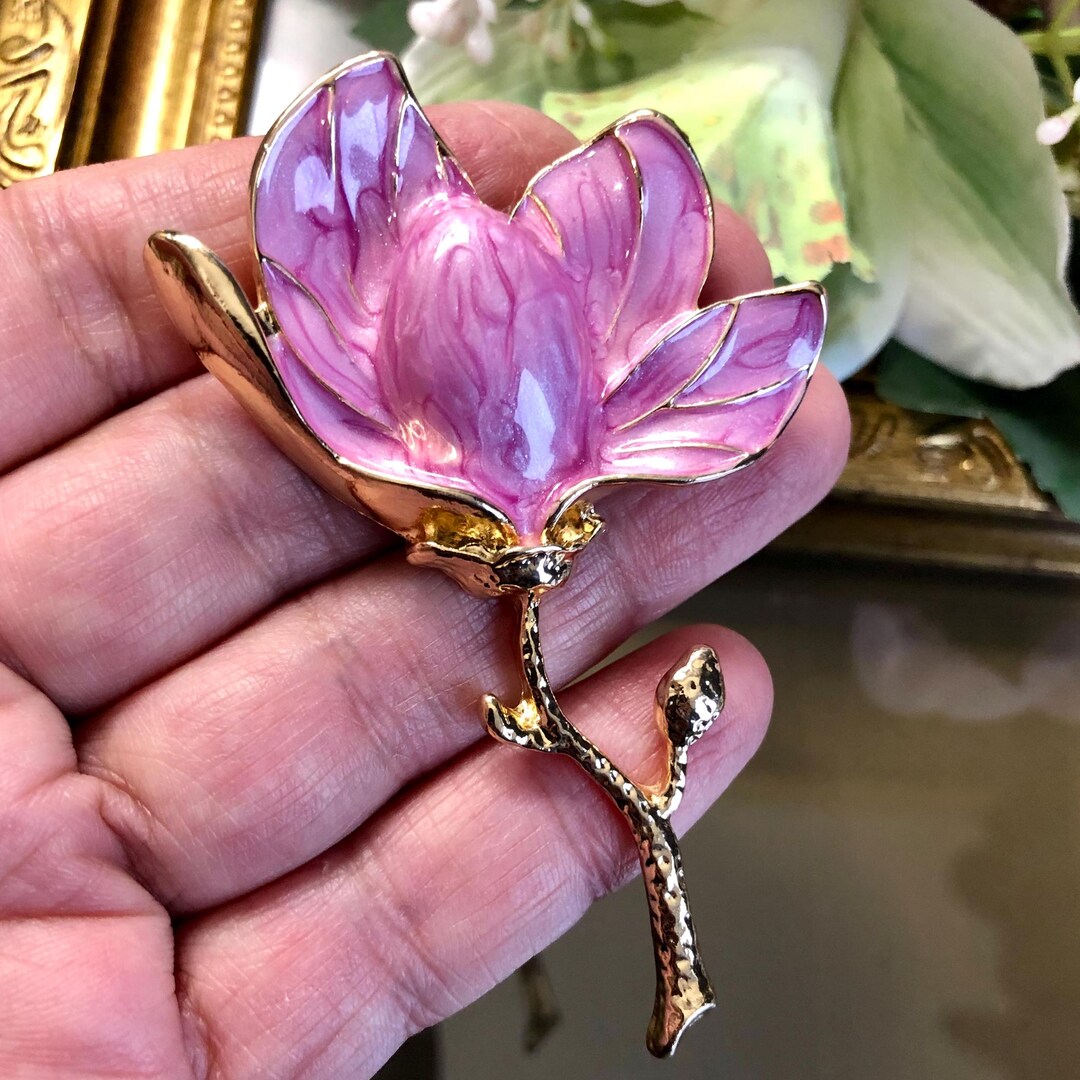 Floral Enamel Brooch Pin, Pink Flower Brooch, Elegant Gift for Mum ...