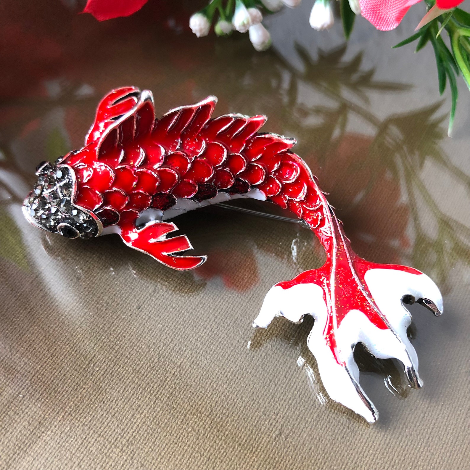 Koi Fish Brooch Pin, Fish Brooch, Big Fish Brooch, Red Enamelled Koi ...