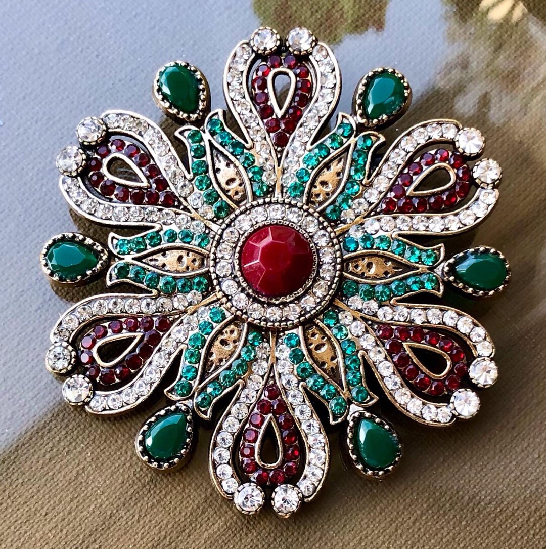 Large Art Deco Brooch Pin, Green and Red Brooch Pin, Vintage Style ...