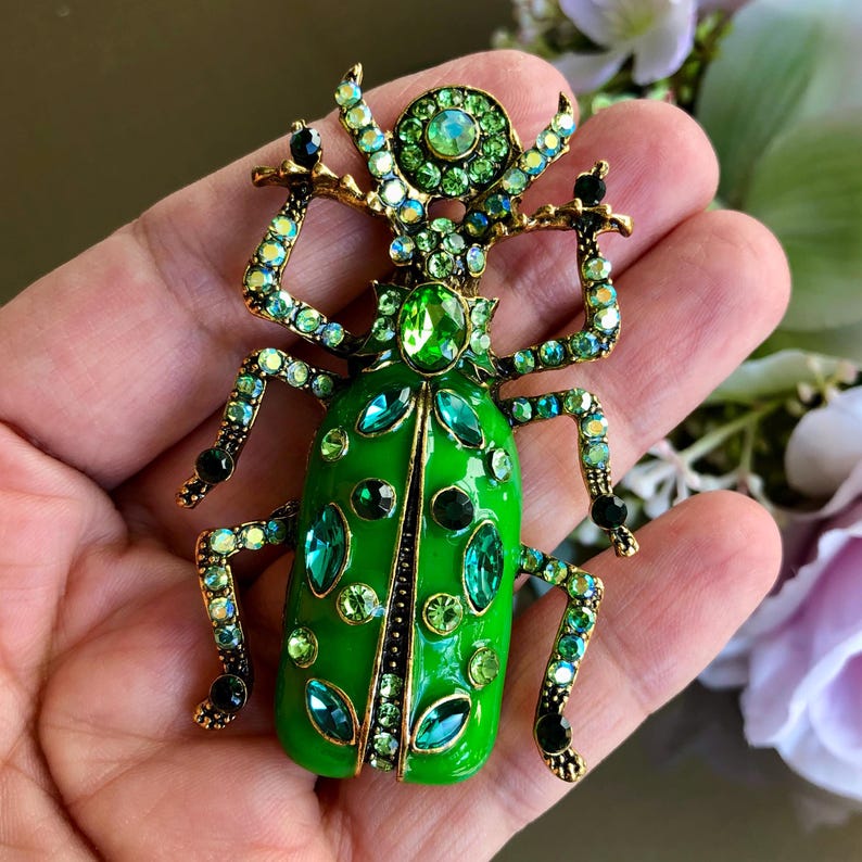 Enamel Rhinestone Beetle Brooch: Vintage Style Green Insect Pin - Etsy