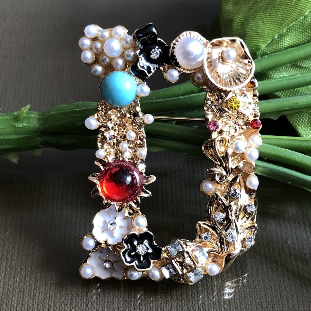 Letter D Brooch Pin, Initial Monogram Brooch, Large Brooch, Floral ...