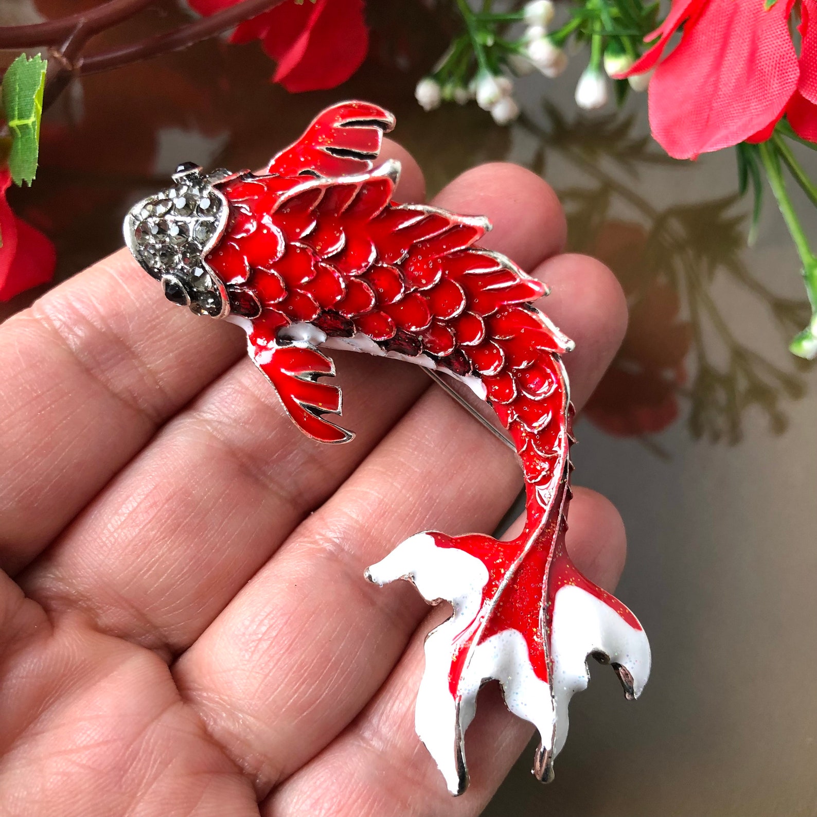 Koi Fish Brooch Pin, Fish Brooch, Big Fish Brooch, Red Enamelled Koi ...