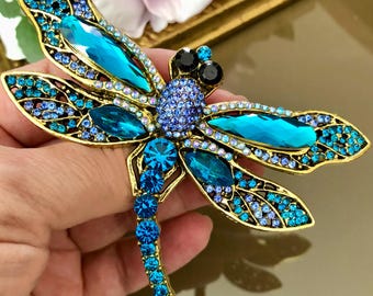 Sparkling Large Blue and Green Dragonfly Brooch, Crystal Fashion Pin, Insect, Animal Themed ...