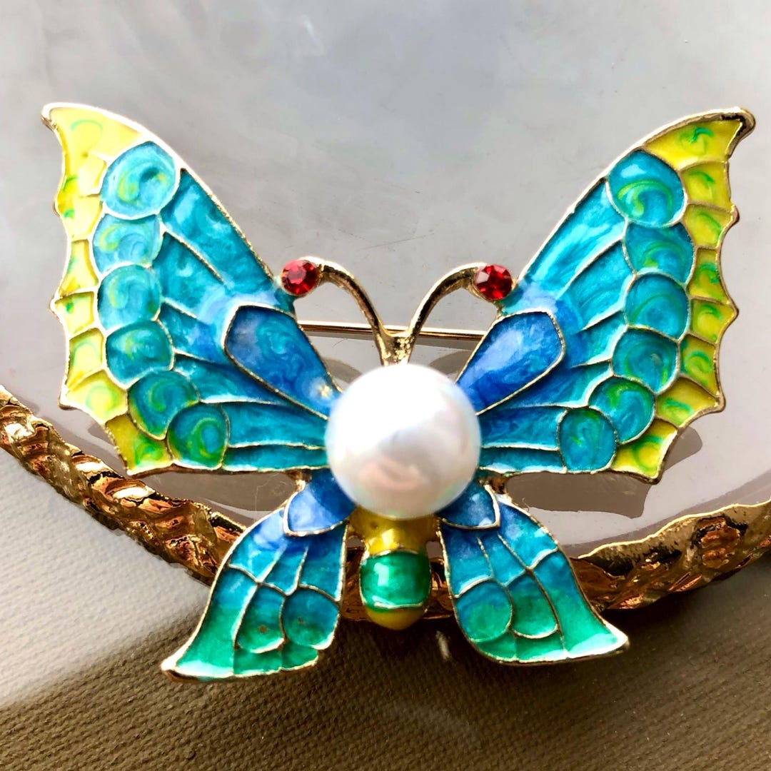 Butterfly Brooch Pin: Vintage Enamel, Rhinestone & Faux Pearl - Etsy