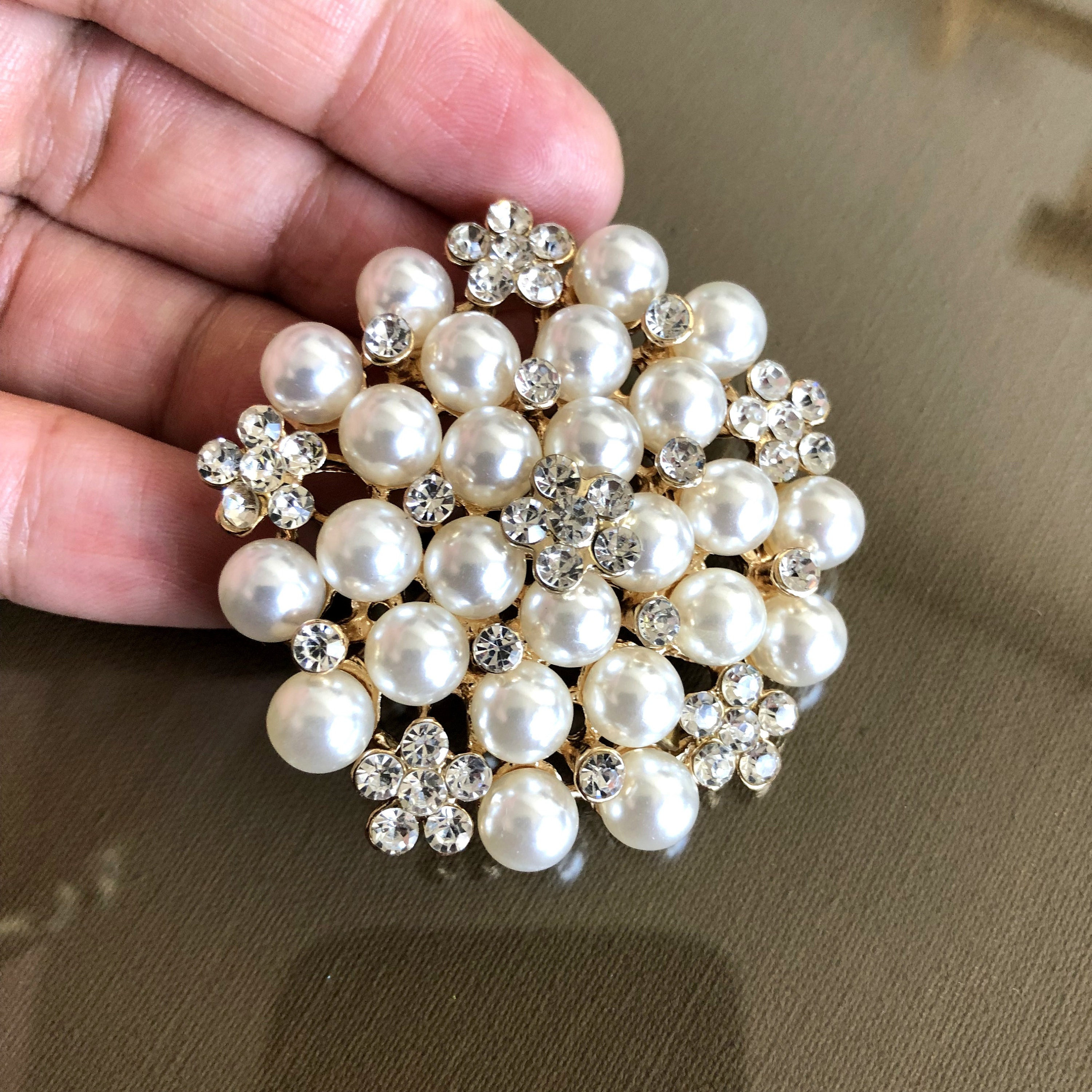 Round Large Brooch Pin Pearl Brooch Rhinestone Brooch Pearl - Etsy