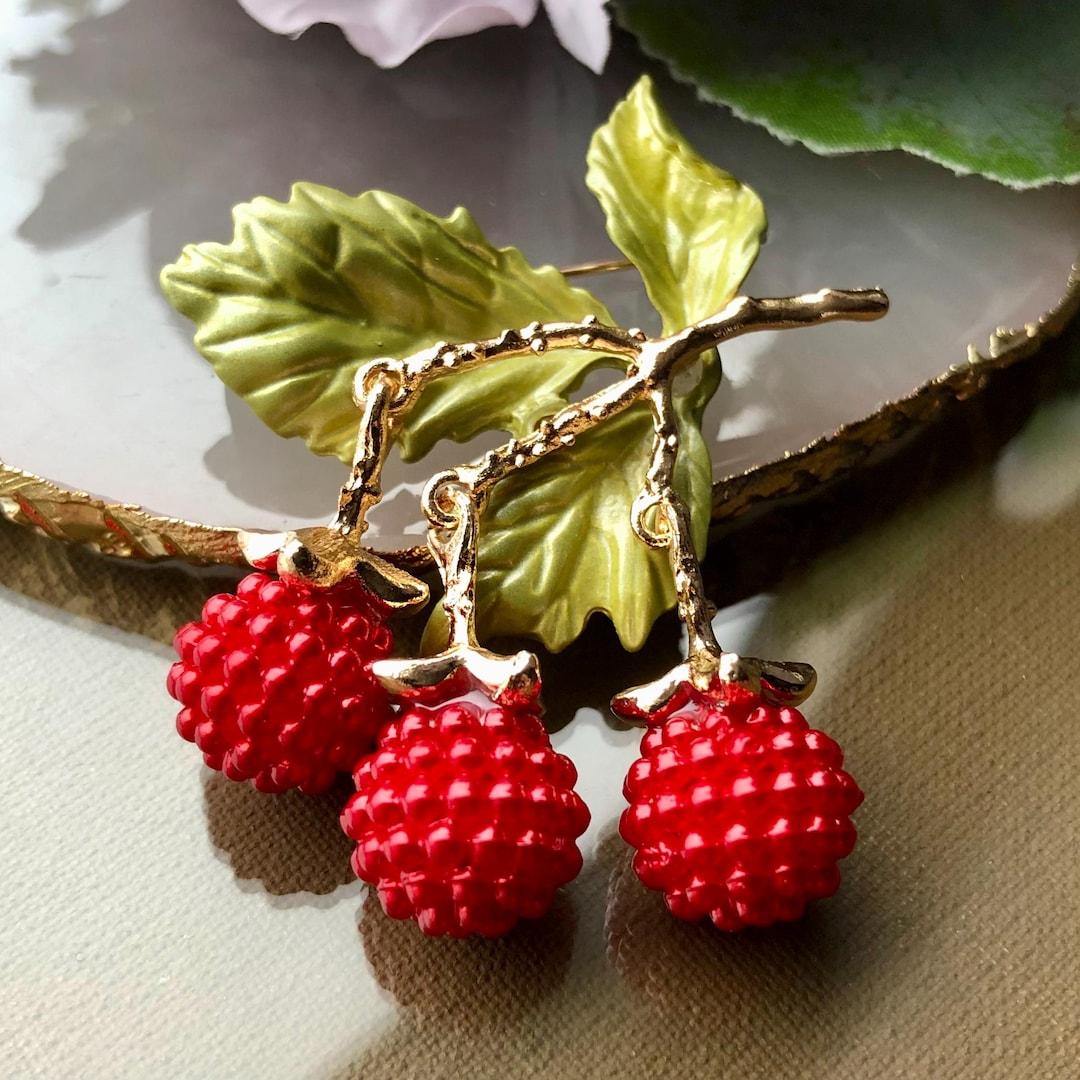 Raspberry Berry Branch Brooch, Red Beaded Fruit Pin With Dangling ...