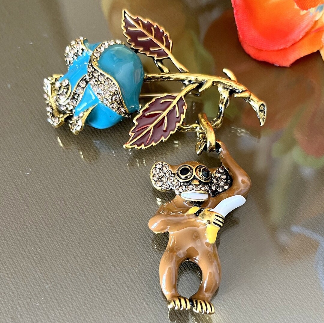 Monkey With Rose Large Enamel Brooch Pin or Pendant Monkey - Etsy