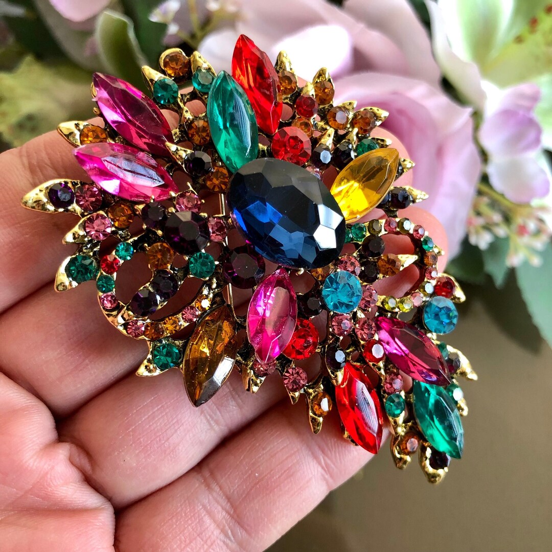 Large Crystal Rhinestone Brooch Kleurrijke Brooch Pin - Etsy