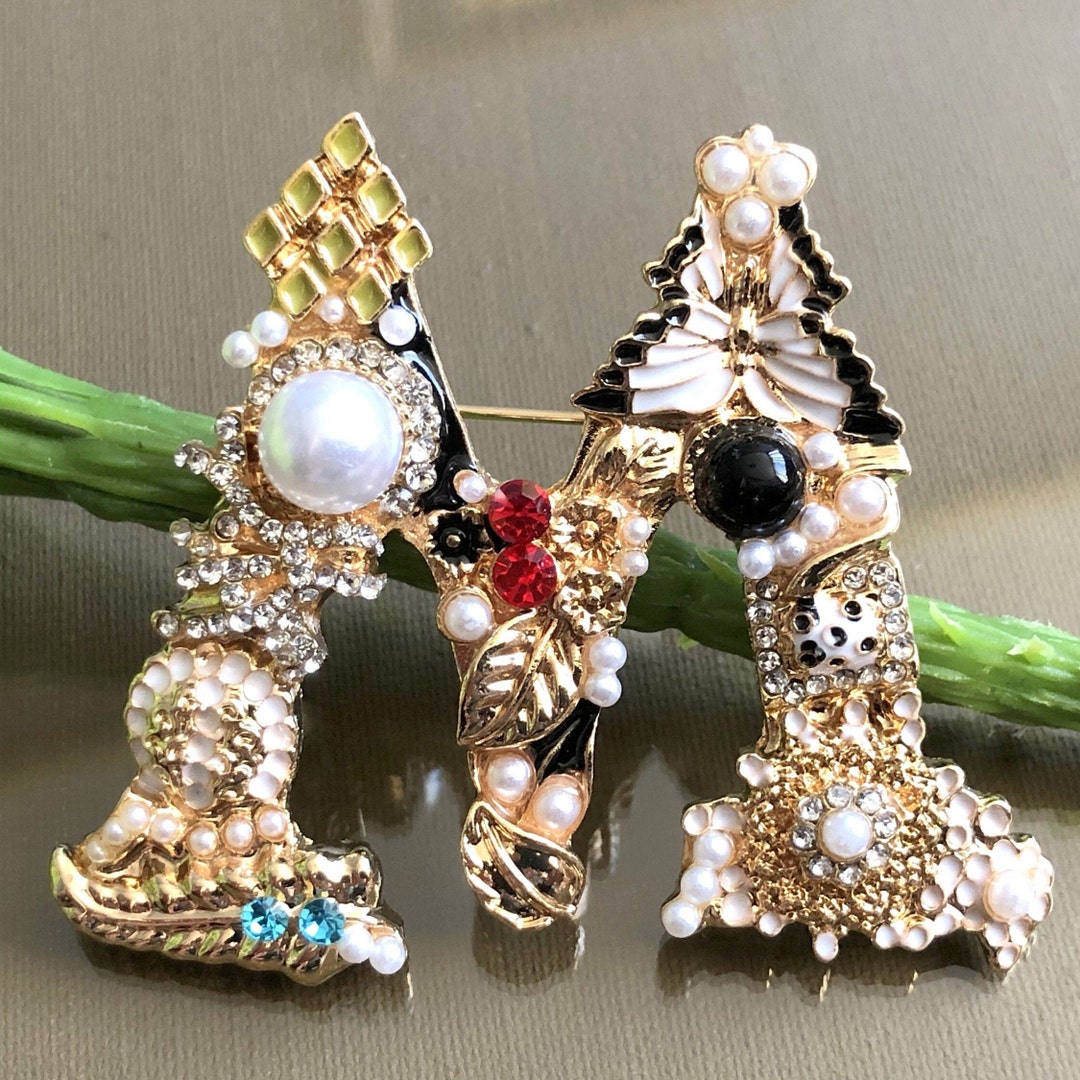 Letter M Brooch Pin, Initial Monogram Brooch, Large Brooch, Floral ...