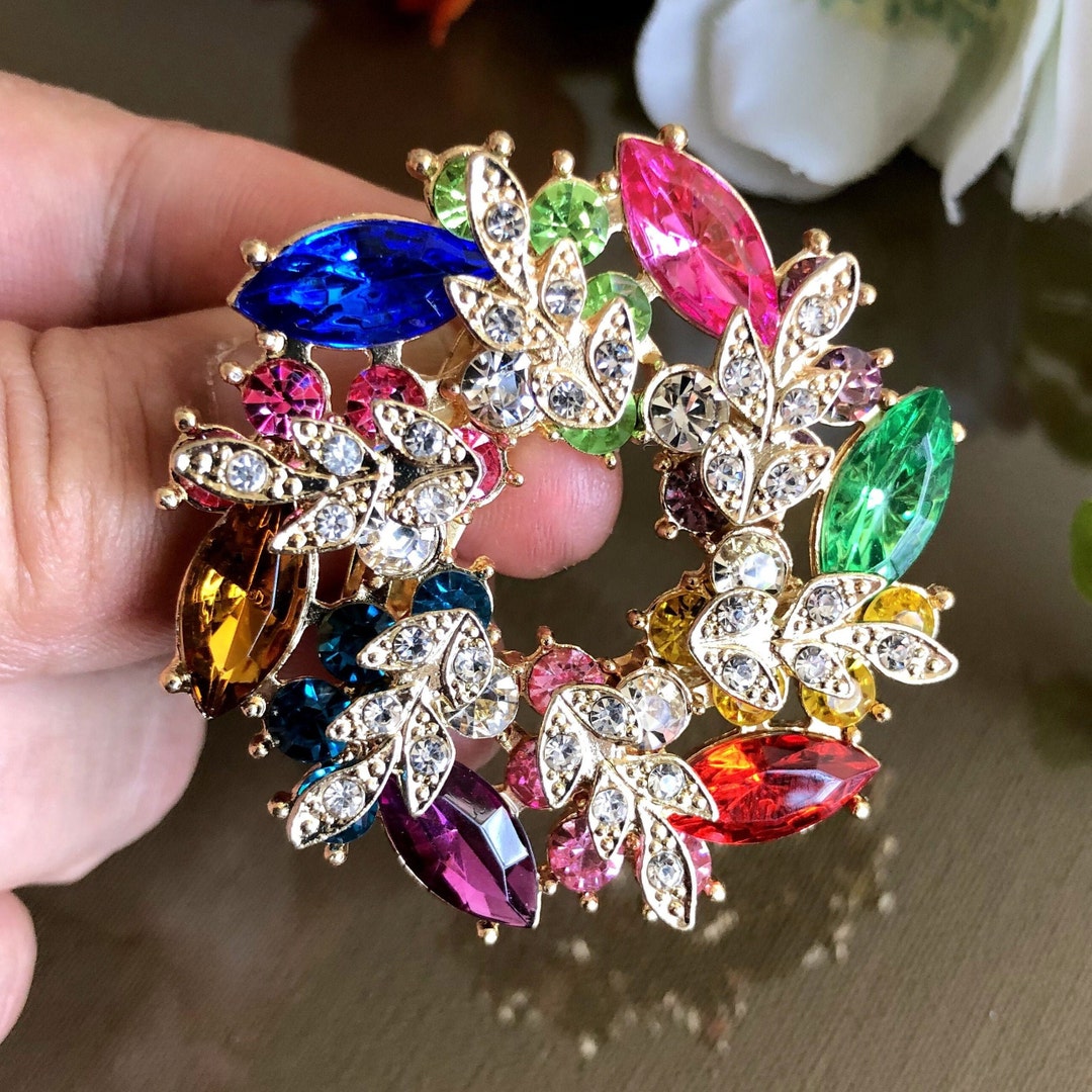 Rainbow Rhinestone Wreath Brooch: Vintage Style Crystal Jewelry - Etsy
