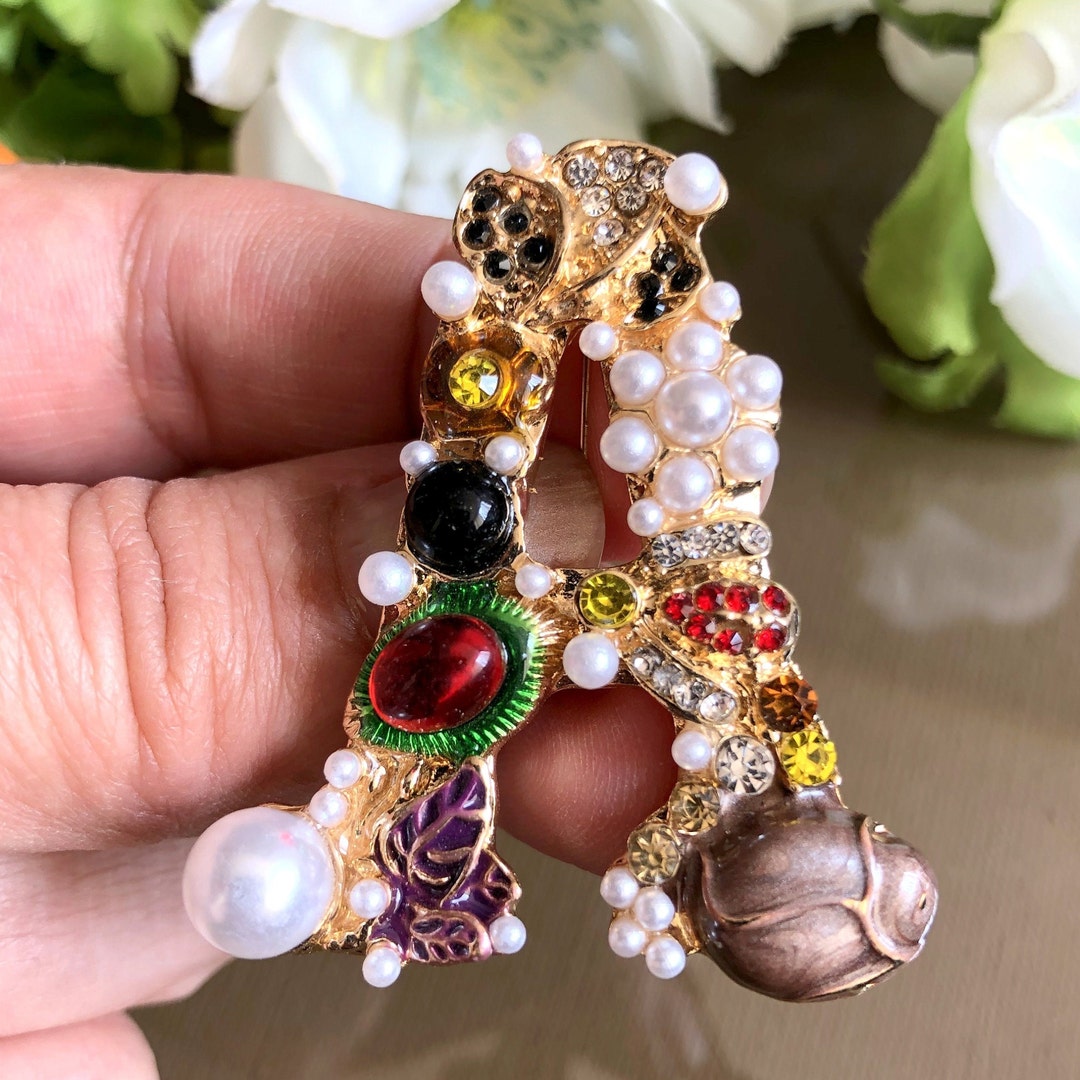 Letter A Brooch Pin, Initial Monogram Brooch, Large Brooch, Floral ...