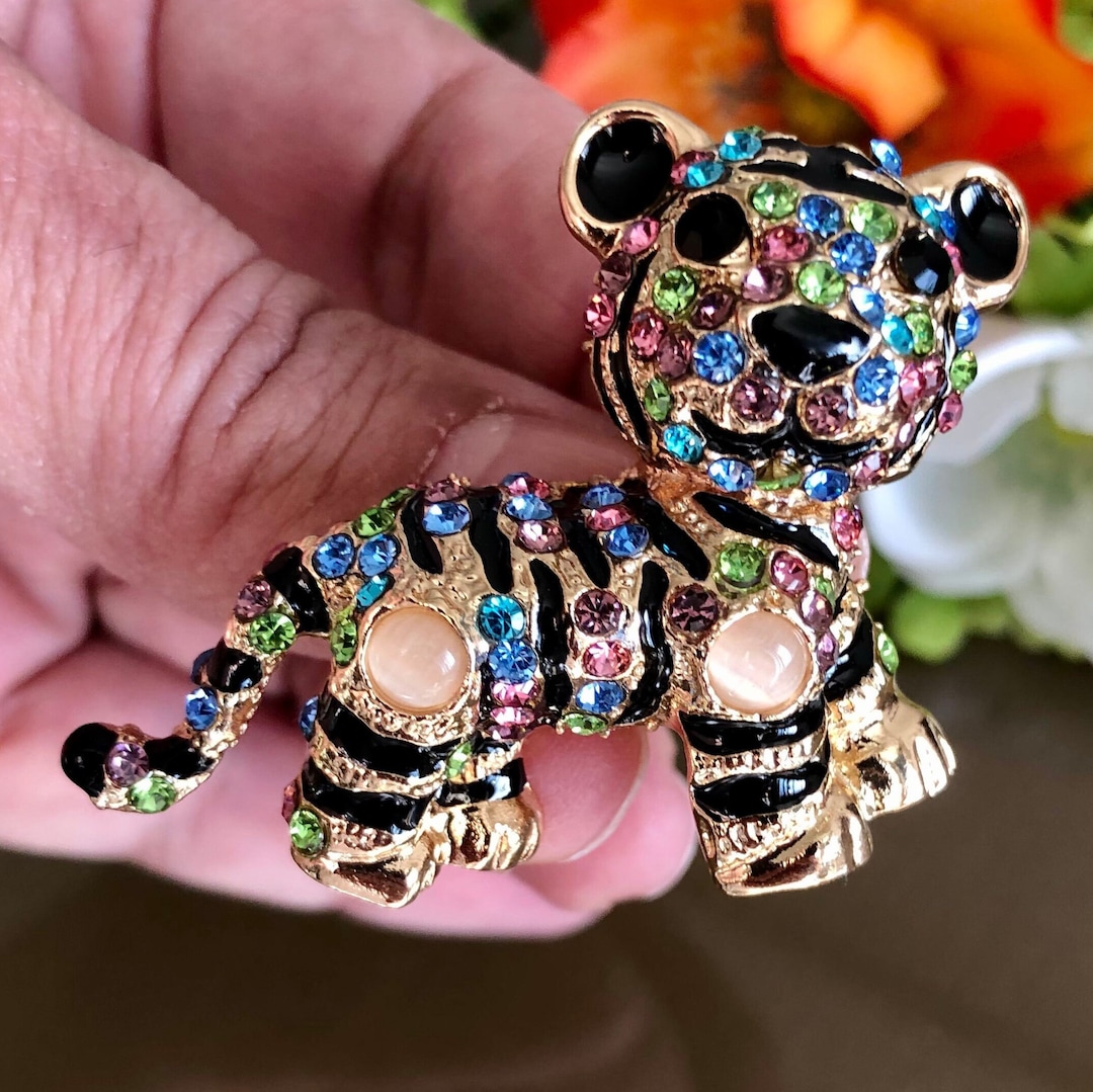 Crystal Enamel Tiger Brooch Pin or Pendant, Tiger Gift, Tiger Jewellery ...