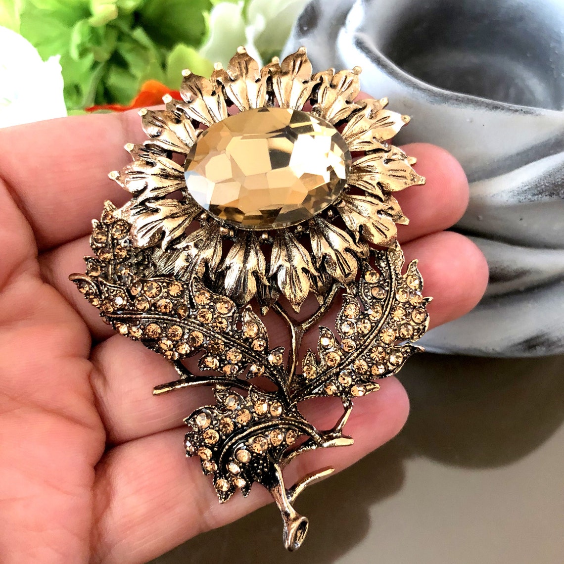 Sunflower Brooch Large Floral Rhinestone Brooch or Pendant | Etsy