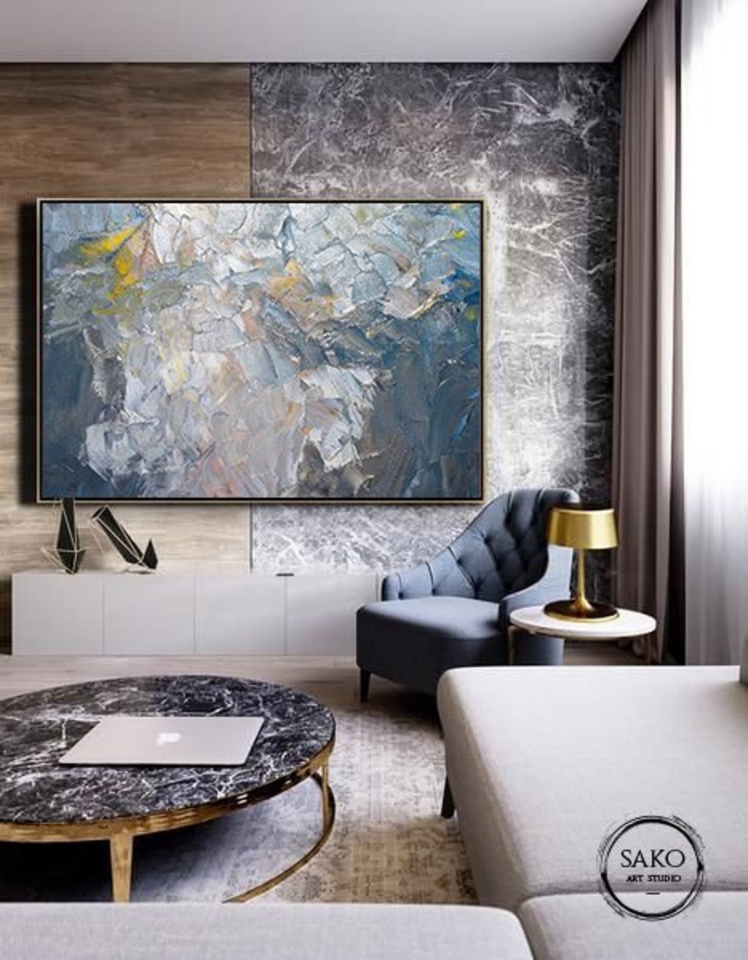 Silver Painting / Blue Abstract Painting / Large Original - Etsy