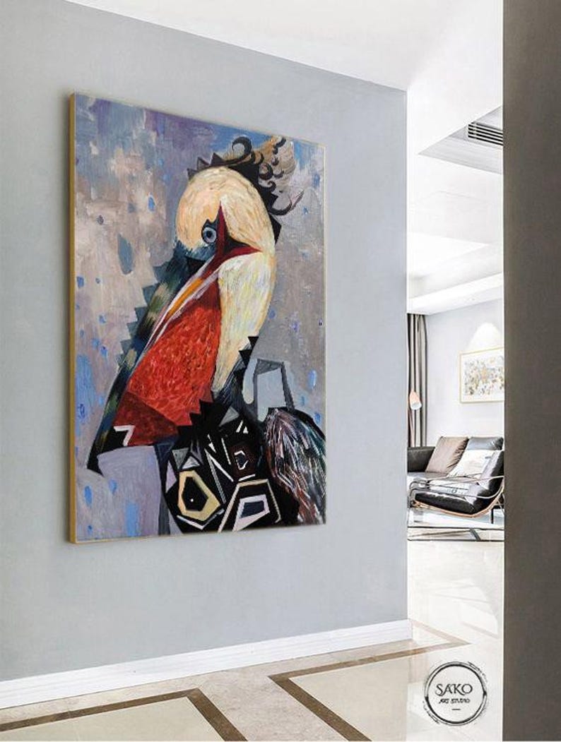 Colorful Abstract Bird Painting on Canvas – Modern Cubist Wall Art ...