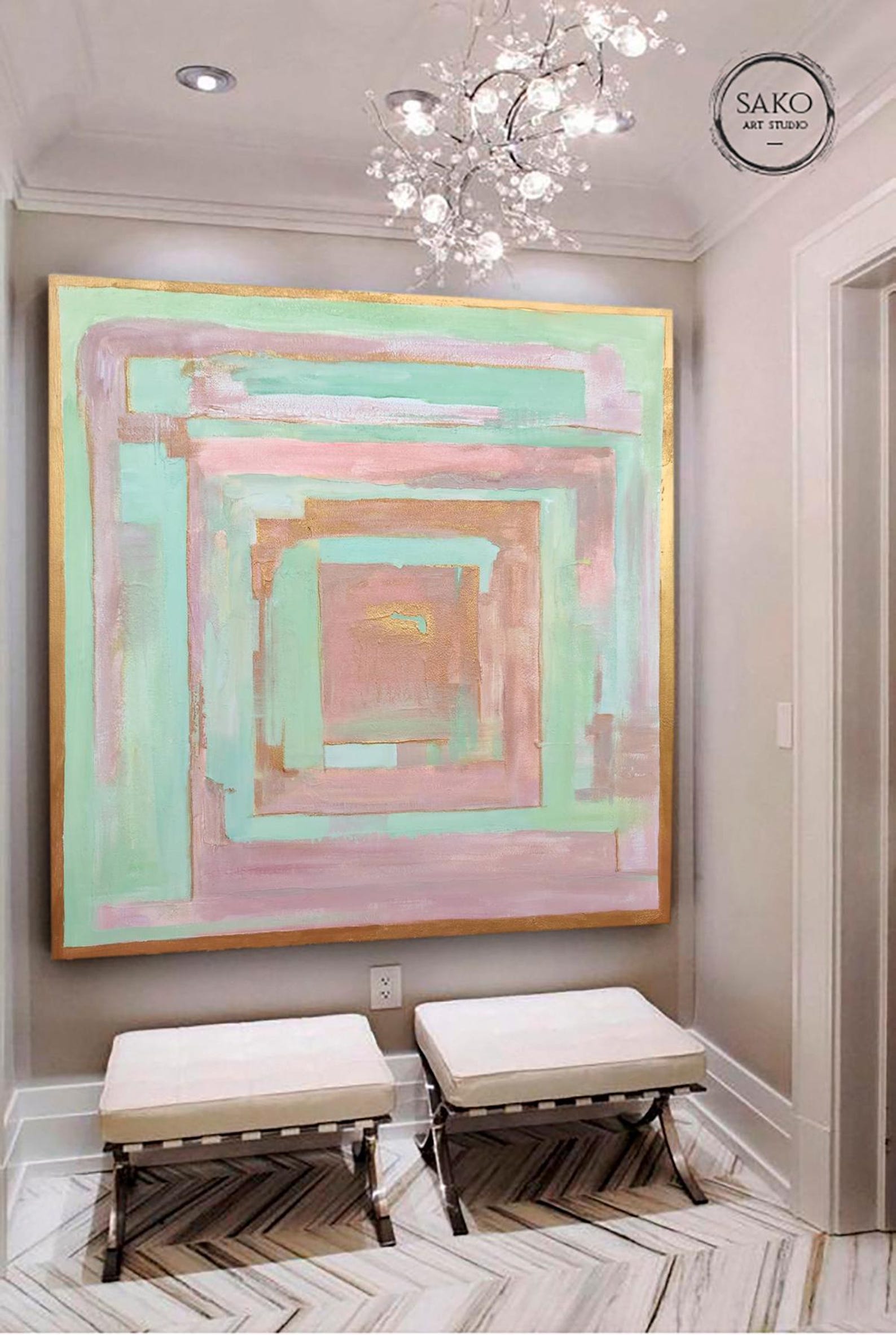 Large Original Labyrinth Abstract Oil Painting / Golden Turquoise ...