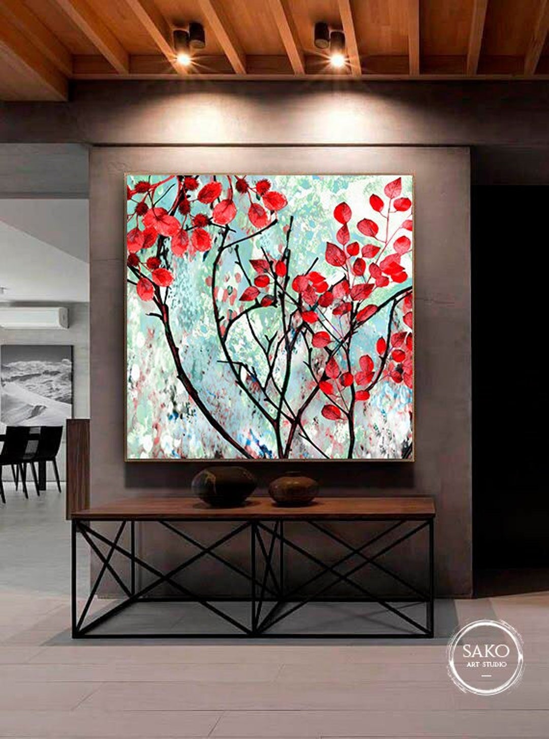 Extra Large Wall Art / Spring Abstract Painting / Red Flowers Painting ...