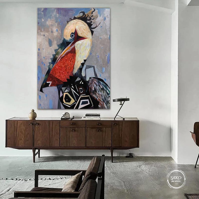 Colorful Abstract Bird Painting on Canvas – Modern Cubist Wall Art ...