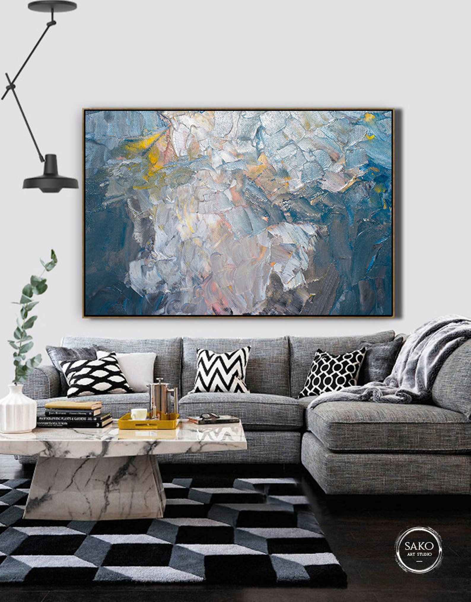 Silver Painting / Blue Abstract Painting / Large Original - Etsy