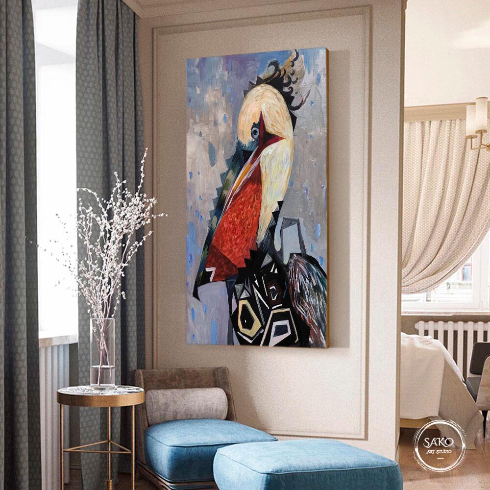 Colorful Abstract Bird Painting on Canvas – Modern Cubist Wall Art ...
