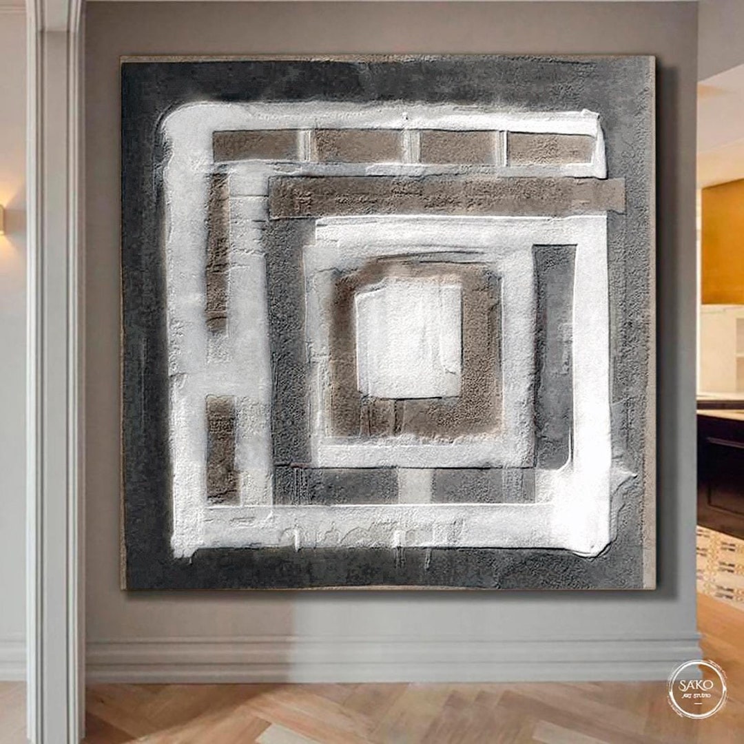 Large Original Labyrinth Abstract Oil Painting / Gray Beige White ...