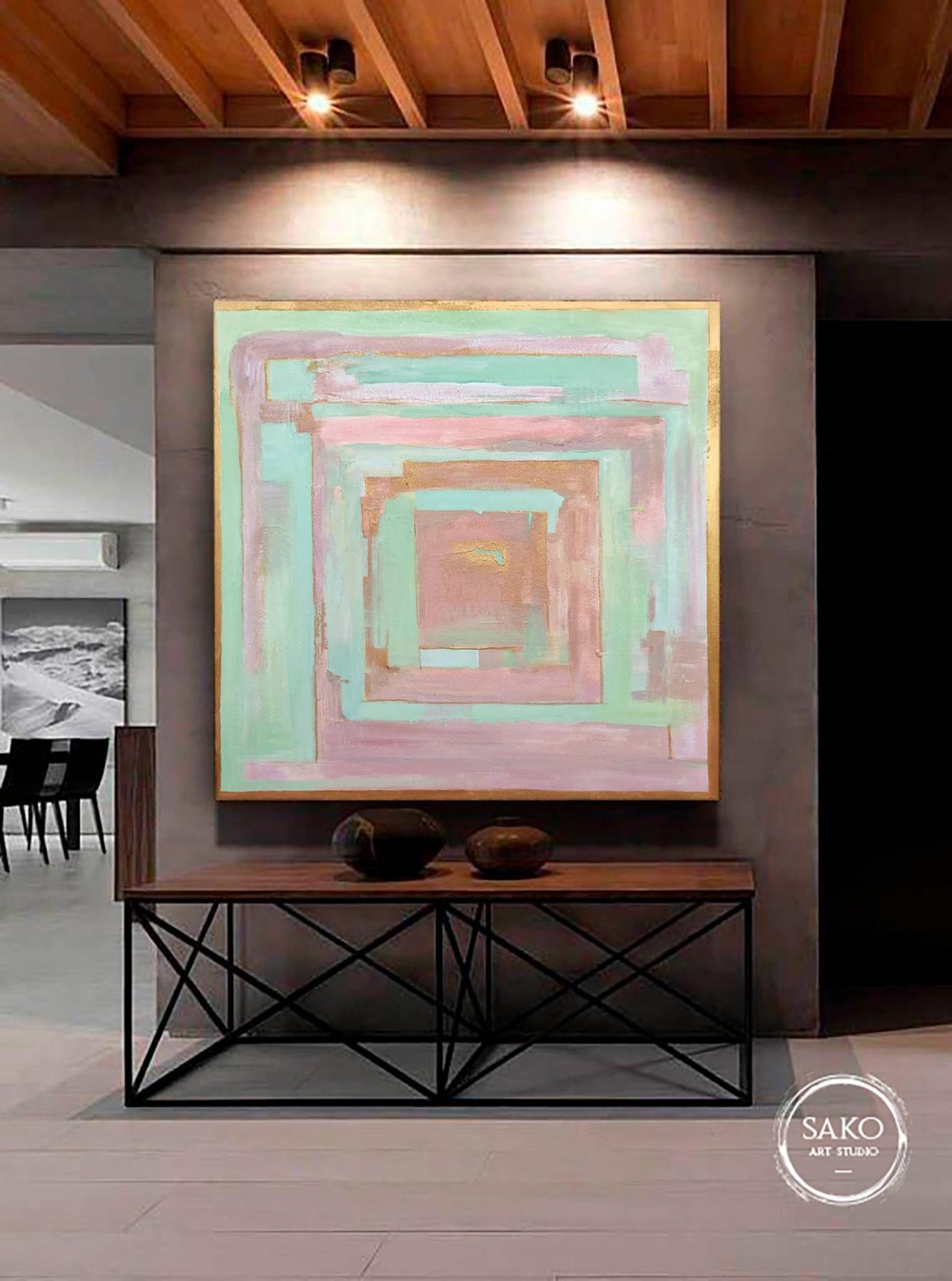 Large Original Labyrinth Abstract Oil Painting / Golden Turquoise ...