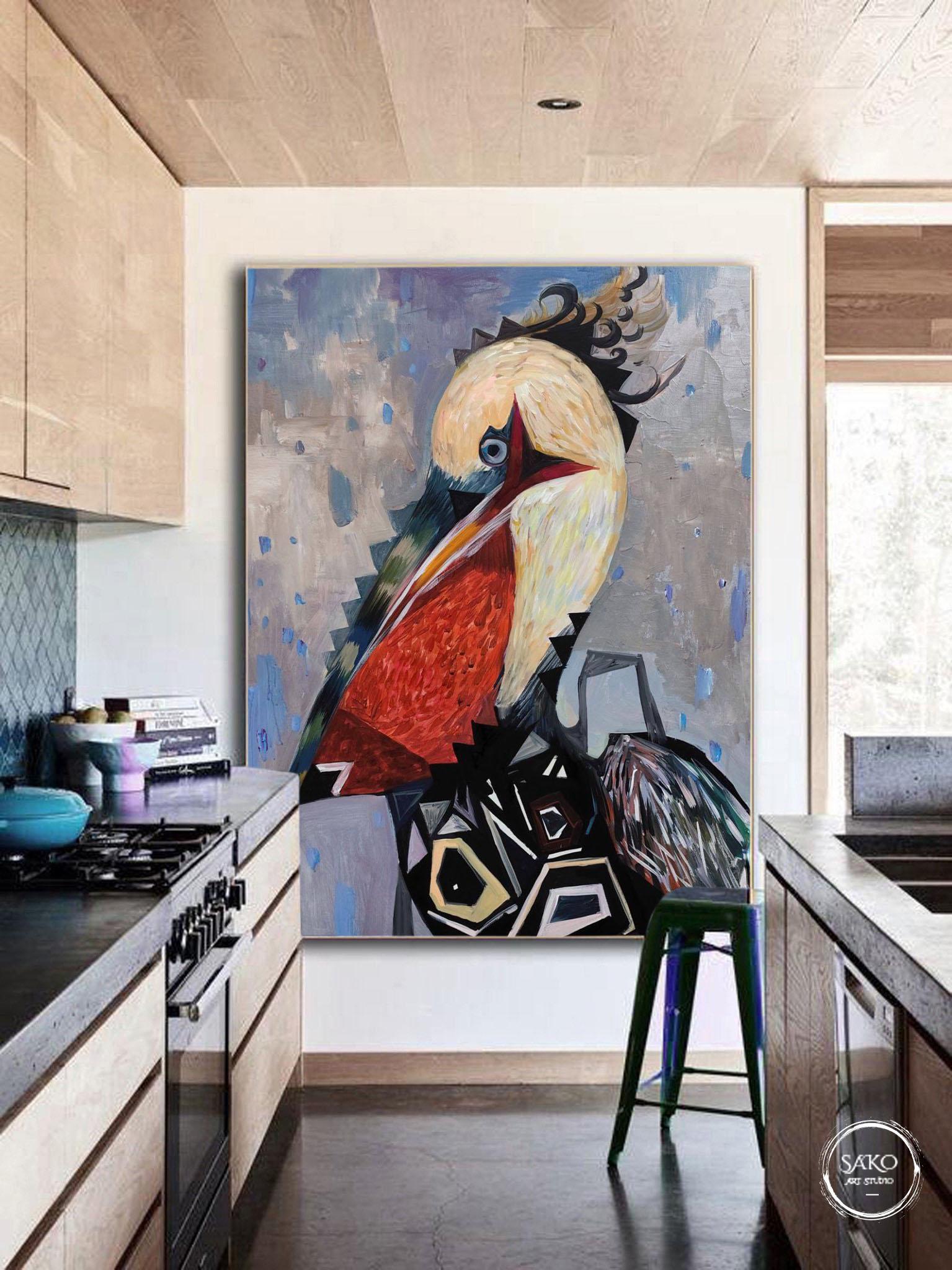 Colorful Abstract Bird Painting on Canvas – Modern Cubist Wall Art ...