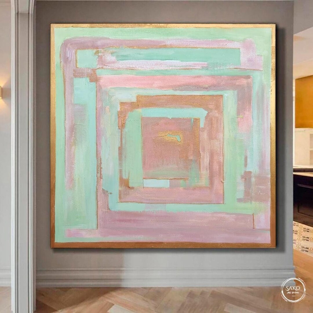 Large Original Labyrinth Abstract Oil Painting / Golden Turquoise ...