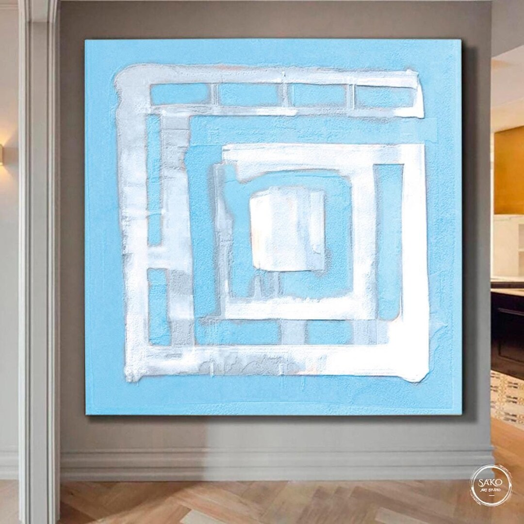 Large Original Labyrinth Abstract Oil Painting / Blue White Labyrinth ...
