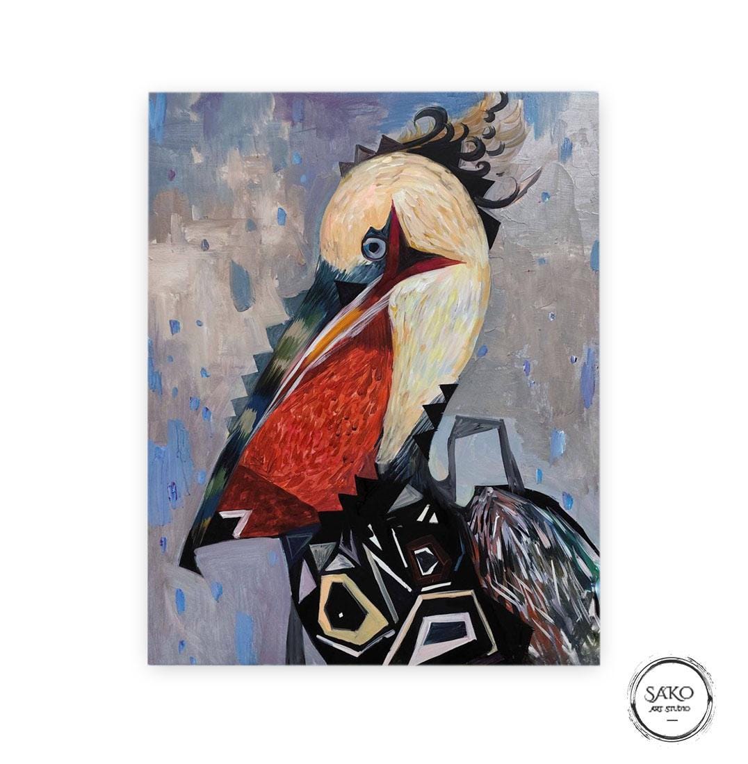 Colorful Abstract Bird Painting on Canvas – Modern Cubist Wall Art ...