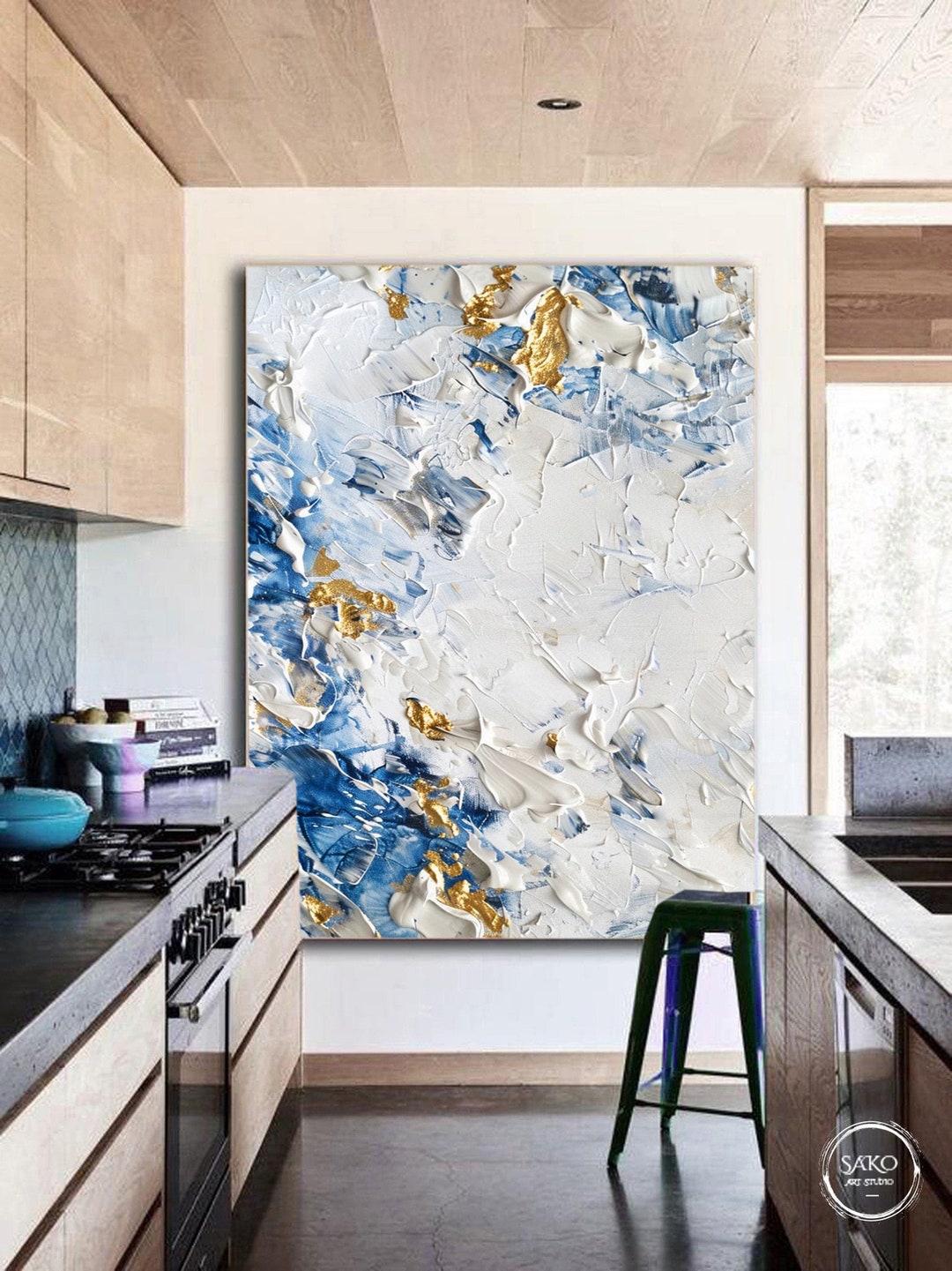 Large Gold Painting on Canvas Original Wall Art Painting White Blue ...