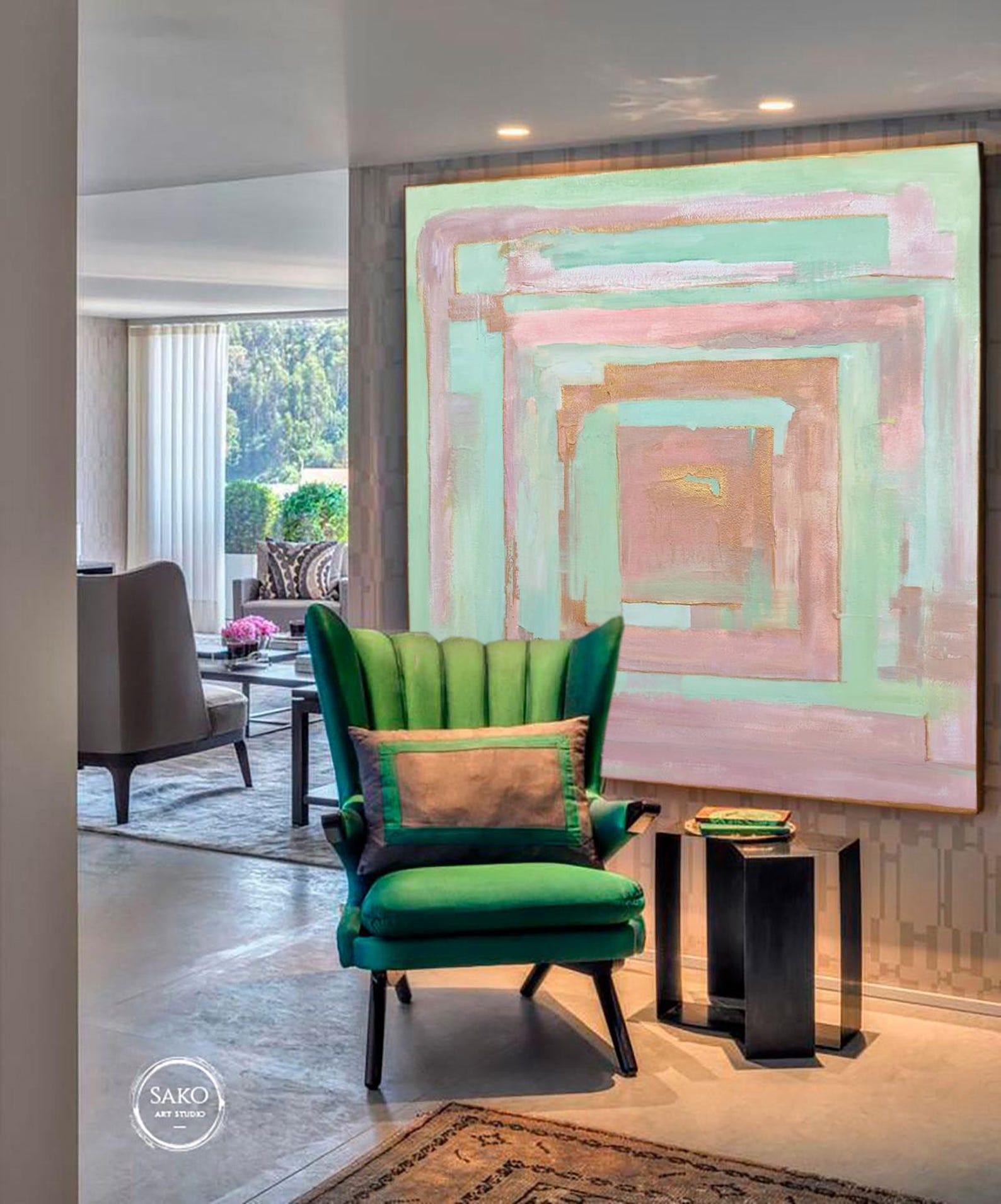 Large Original Labyrinth Abstract Oil Painting / Golden Turquoise ...