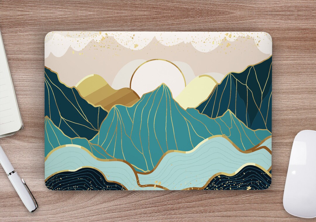 Turquoise Aqua Mountains W Sun & Gold Lines UNIVERSAL Laptop Skin ...