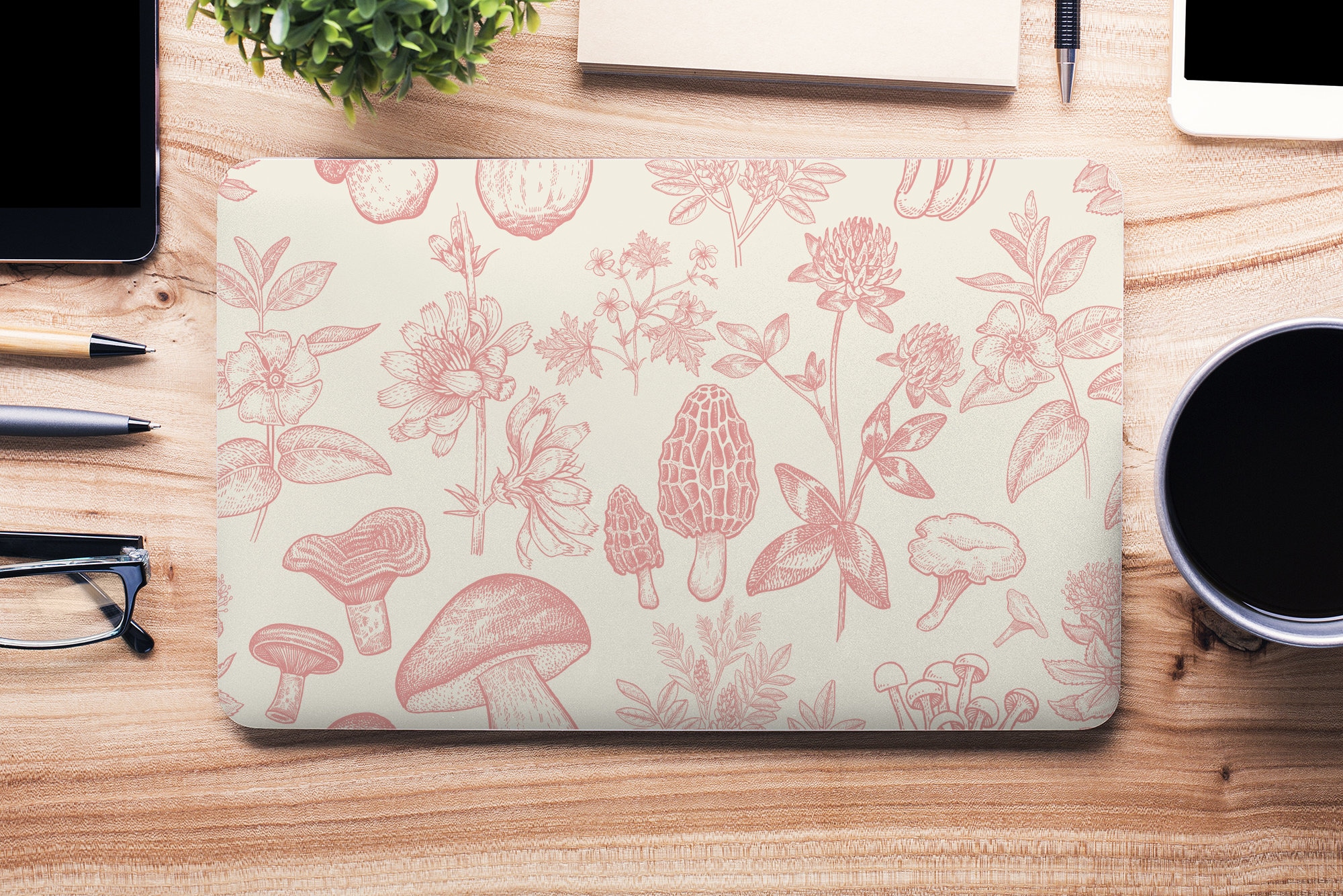 Pink & White Morel Mushrooms Clover Flowers UNIVERSAL Laptop Skin ...